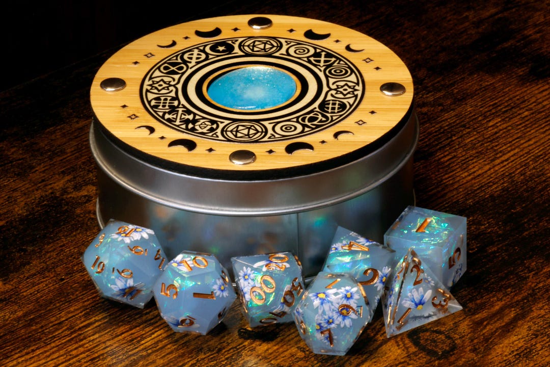 Celestial Round Dice Box and Celestial Daisies Dice Set - Sharp-edged Floral Dice Set | Dice Box ...