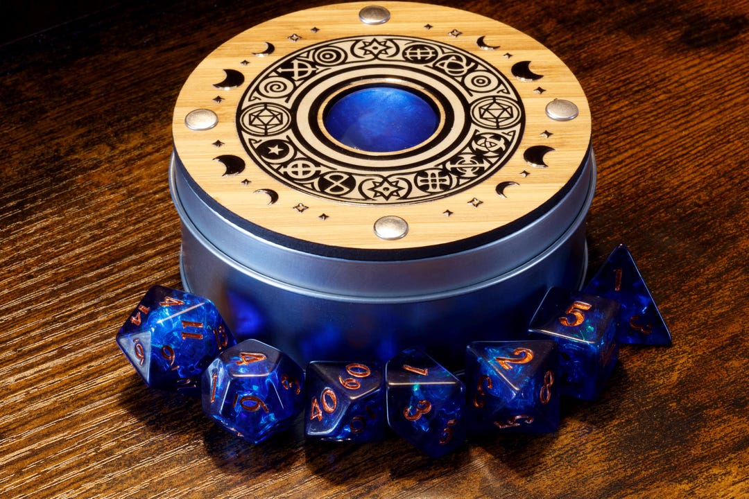 Celestial Round Box and Cobalt Opal Dice Set, Transparent Dark Blue ...