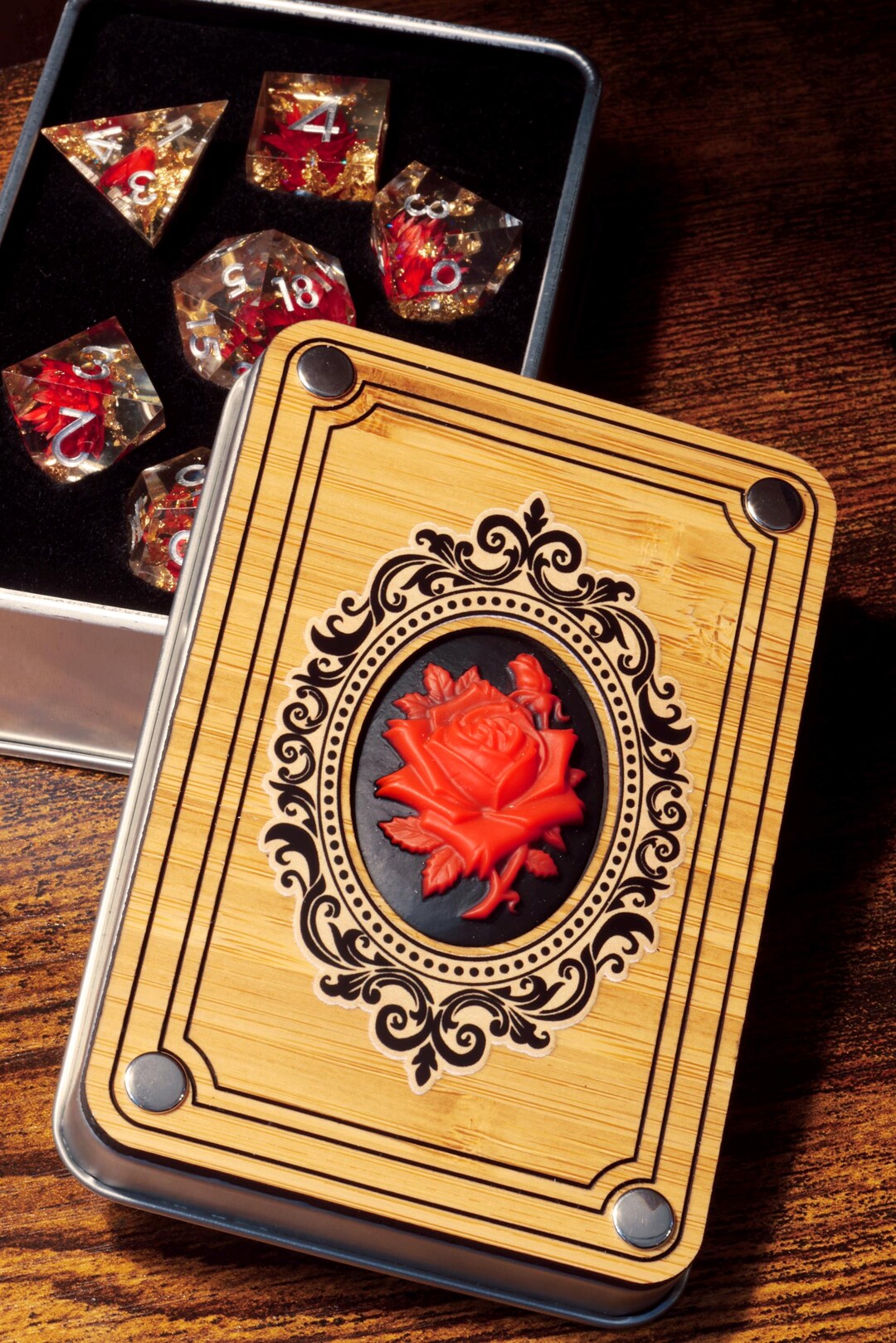Red Rose Dice Box With Red Flowers Sharp Edge Dice Set With Gold Flake ...