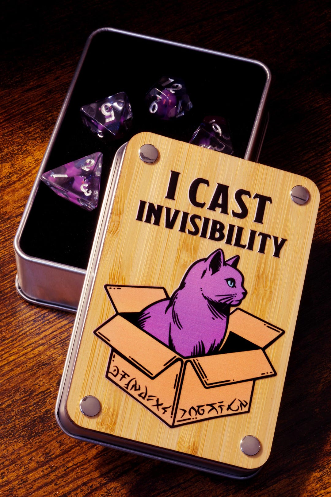 I Cast Invisibility" Dice Box With Mystic Cat Dice Set – Purple Cat ...