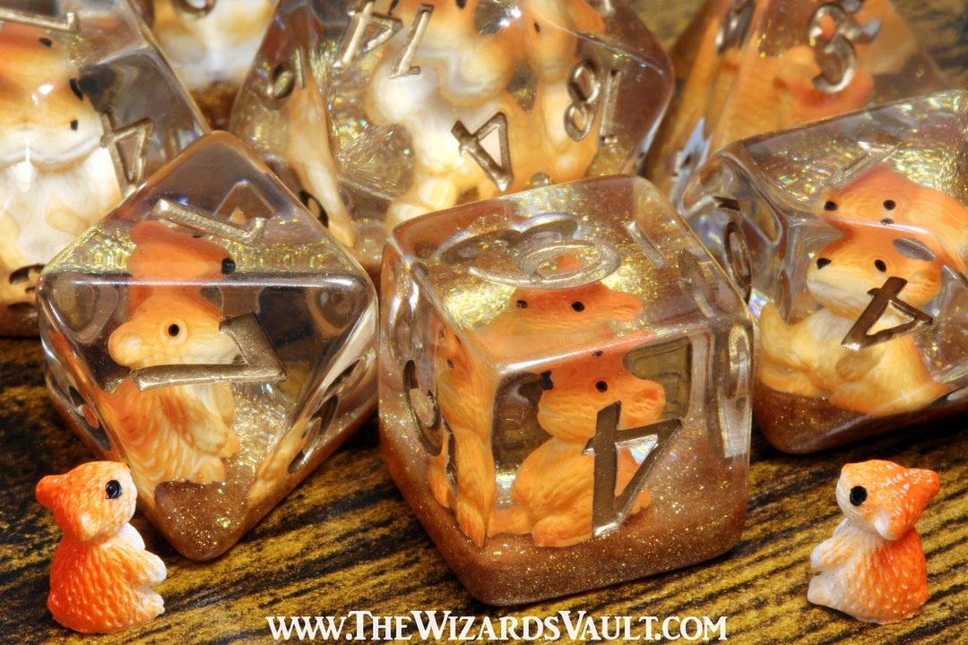 Hamster Dice Set, Transparent With Little Hamsters Inside on a Golden ...