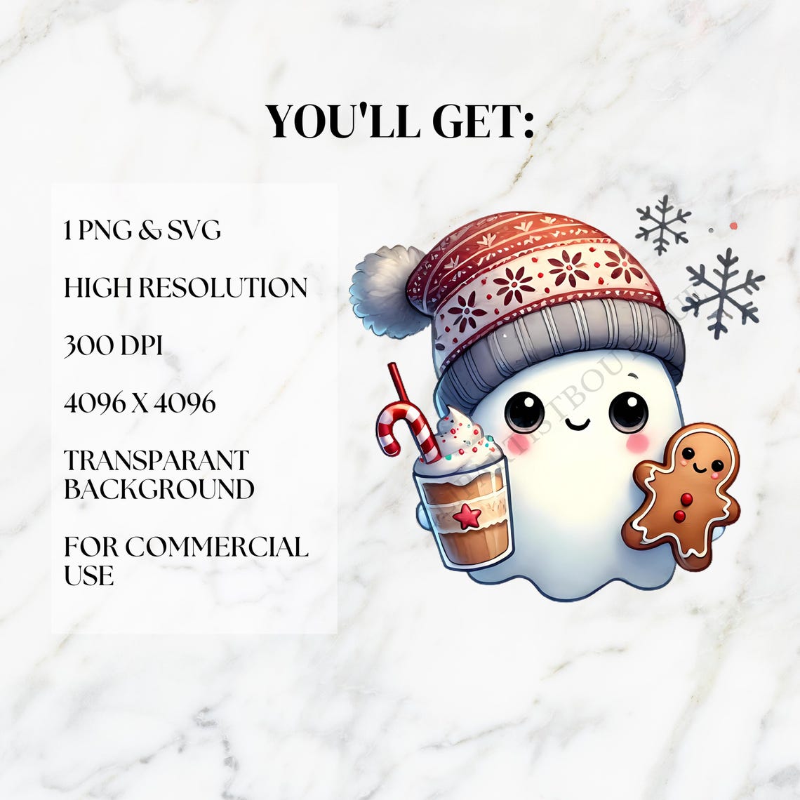 Watercolor Kawaii Christmas Ghost PNG SVG, Ghost Boba, Brown Beanie ...