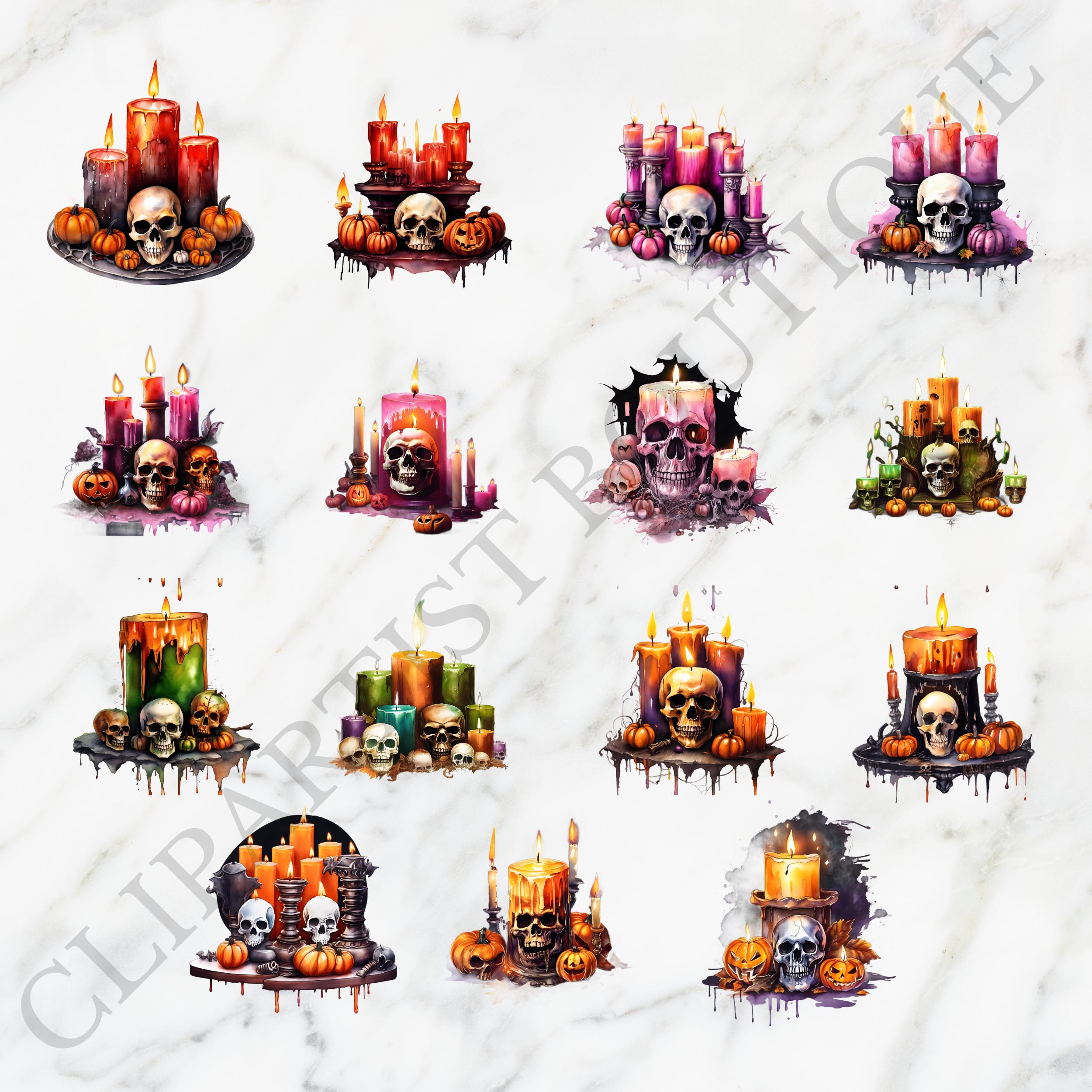 Halloween Candle Clipart Bundle, 34 PNG Watercolor Spooky Candles ...