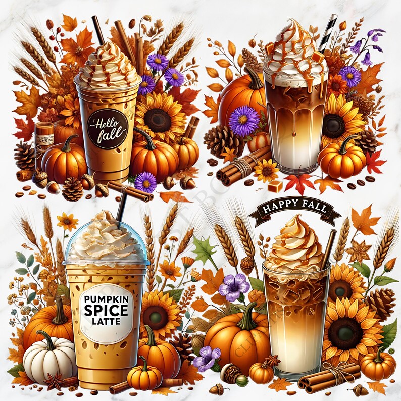 Fall Coffee PNG SVG Clipart Bundle, Pumpkin Spice Latte, Iced Coffees ...