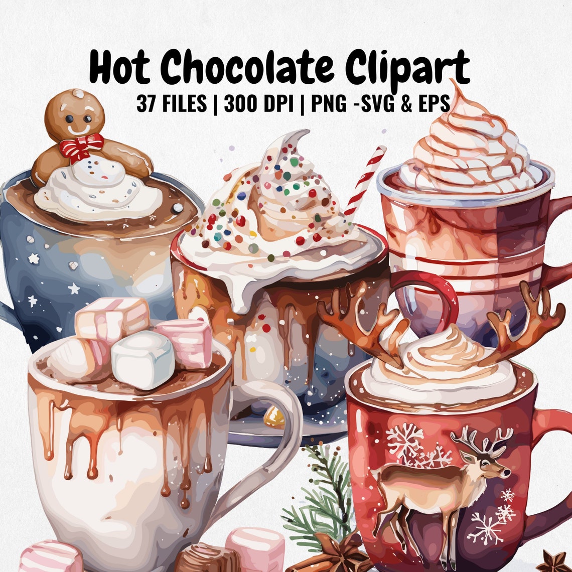 Watercolor Hot Chocolate Cup Clipart Bundle | 37 PNG, SVG & EPS Hot ...