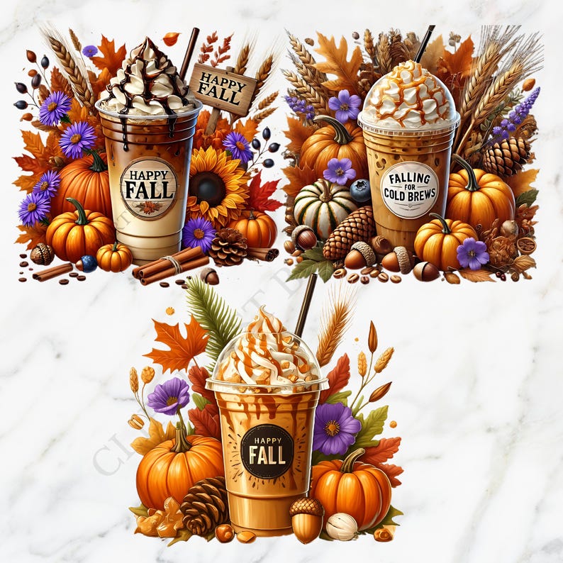 Fall Coffee PNG SVG Clipart Bundle, Pumpkin Spice Latte, Iced Coffees ...