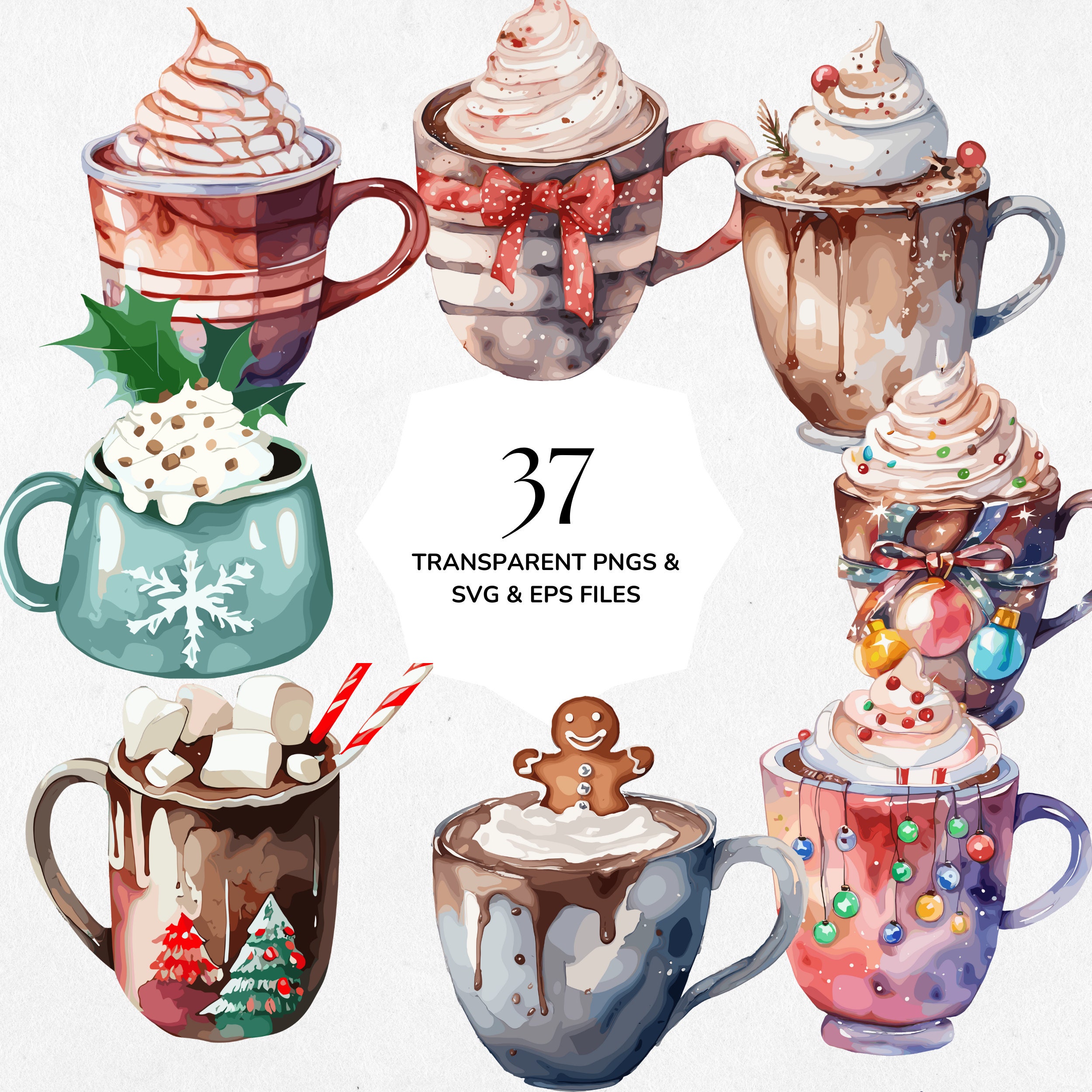 Watercolor Hot Chocolate Cup Clipart Bundle | 37 PNG, SVG & EPS Hot ...