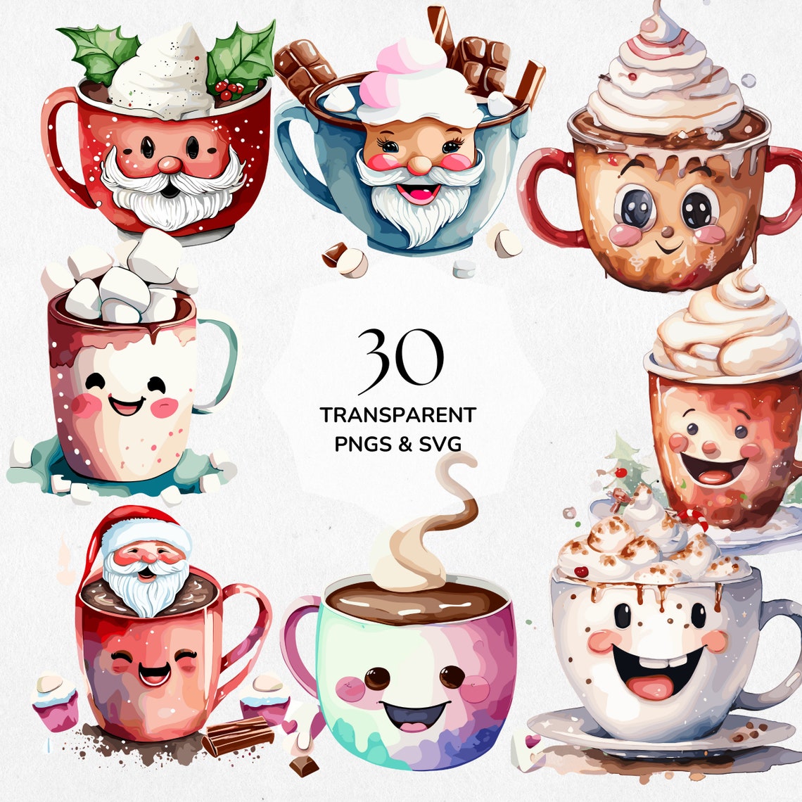 Smiling Hot Chocolate Cup Clipart Bundle | Christmas Mug | 30 Christmas ...