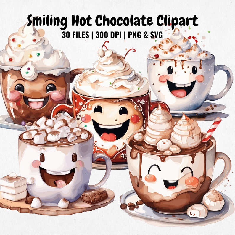 Smiling Hot Chocolate Cup Clipart Bundle | Christmas Mug | 30 Christmas ...