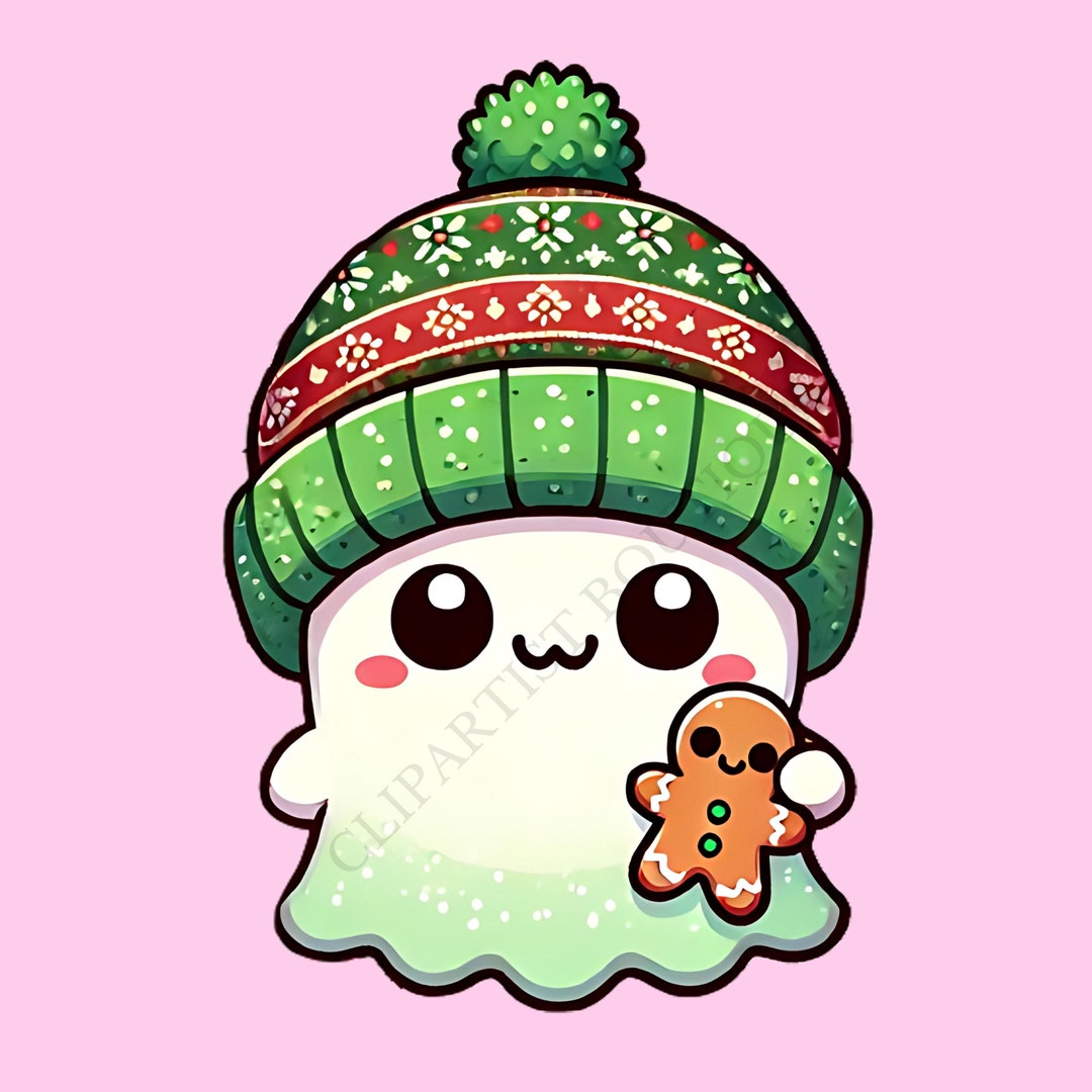 Kawaii Christmas Ghost PNG SVG, Ghost Boba, Green Beanie Cute Christmas ...