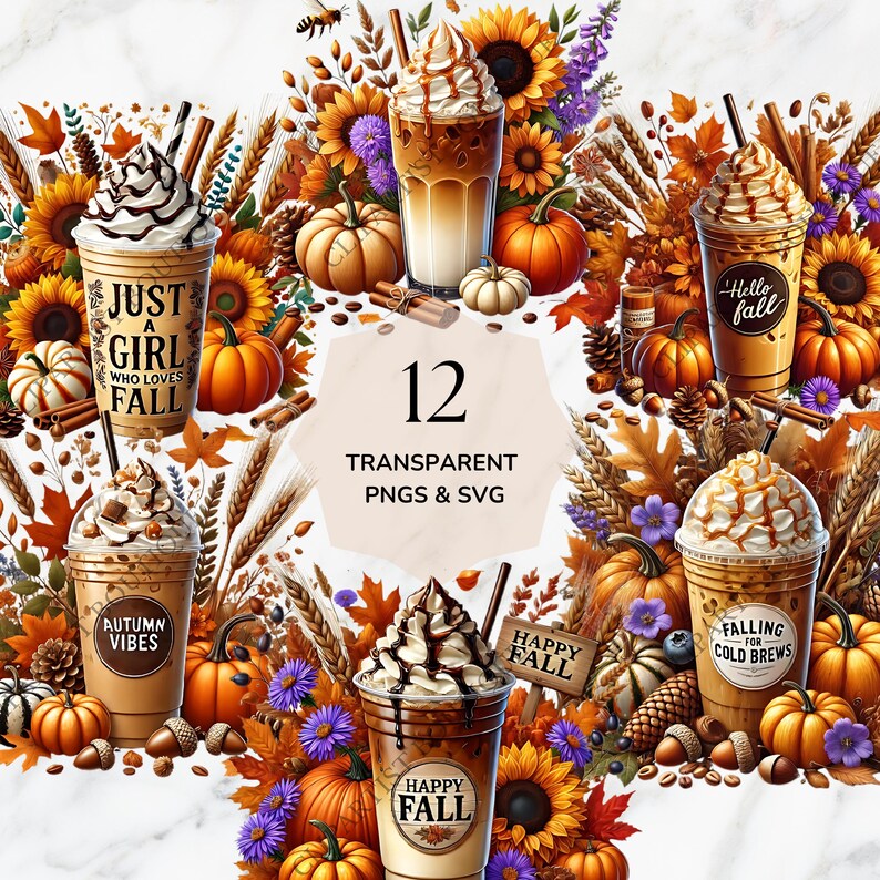 Fall Coffee PNG SVG Clipart Bundle, Pumpkin Spice Latte, Iced Coffees ...