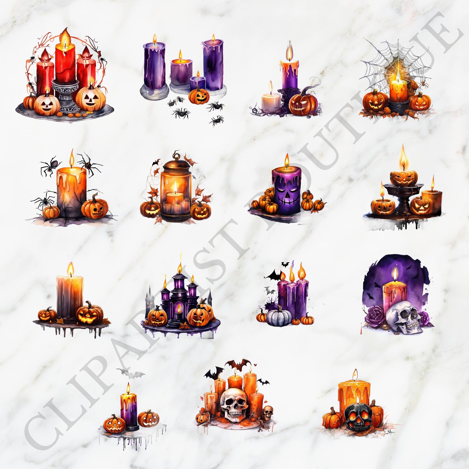 Halloween Candle Clipart Bundle, 34 PNG Watercolor Spooky Candles ...