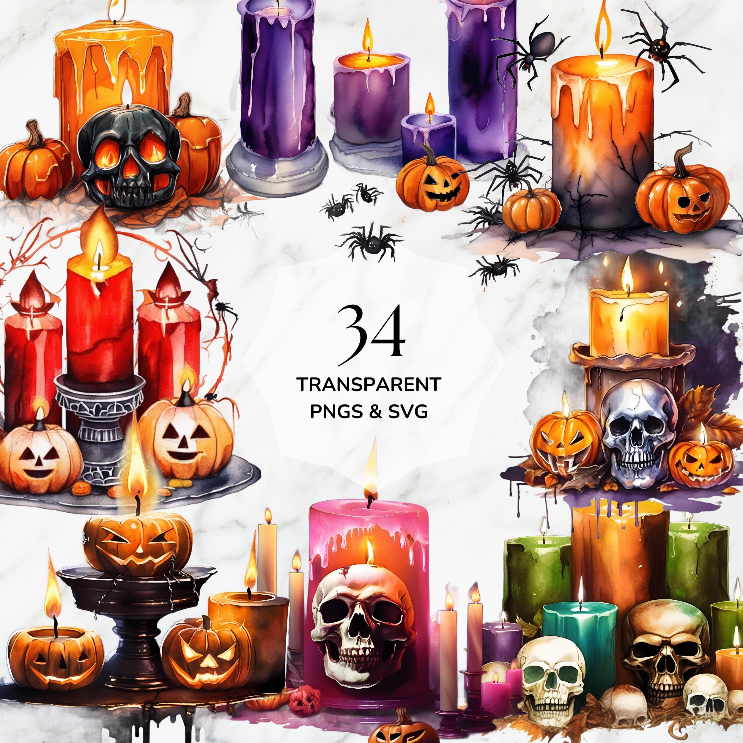 Halloween Candle Clipart Bundle, 34 PNG Watercolor Spooky Candles ...