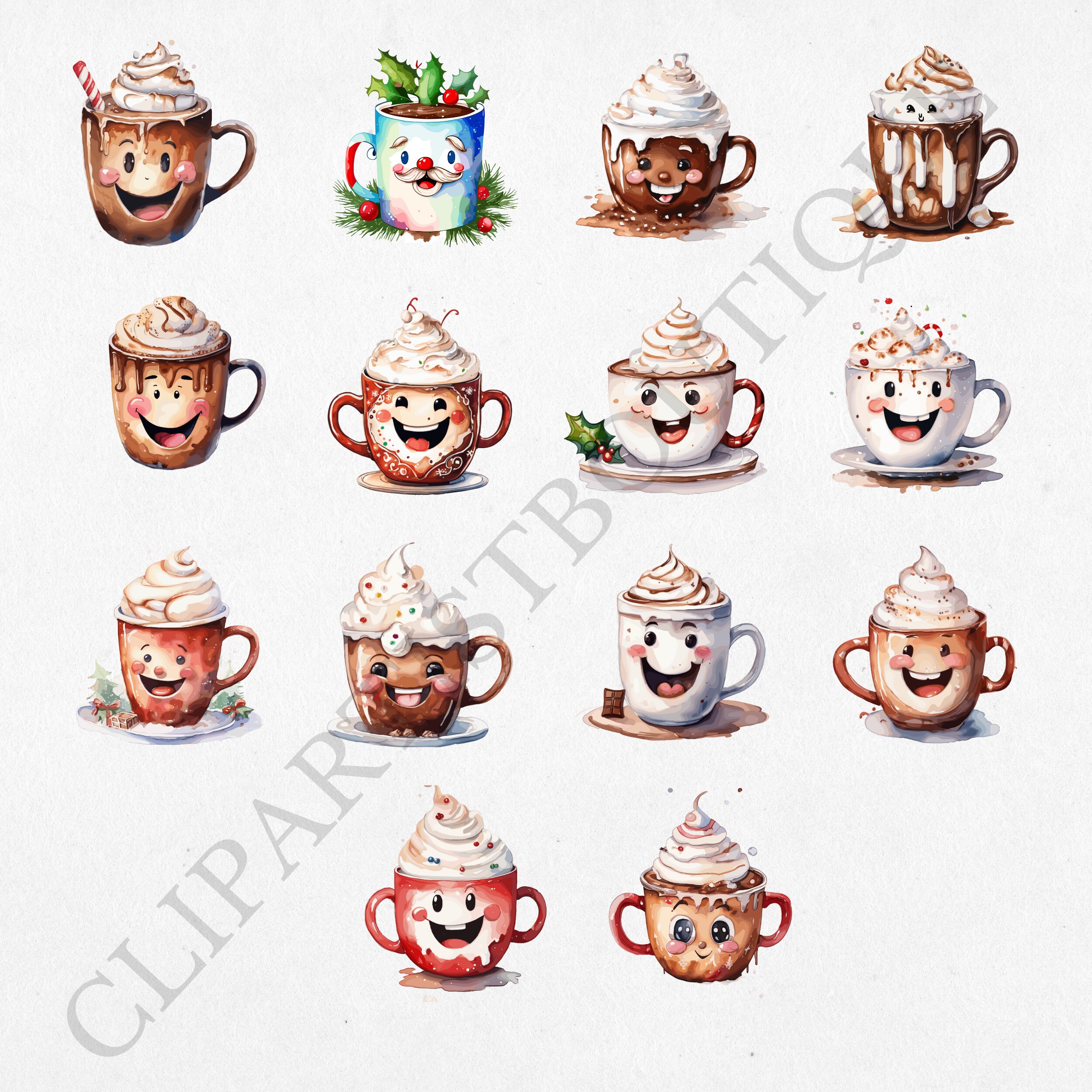 Smiling Hot Chocolate Cup Clipart Bundle | Christmas Mug | 30 Christmas ...