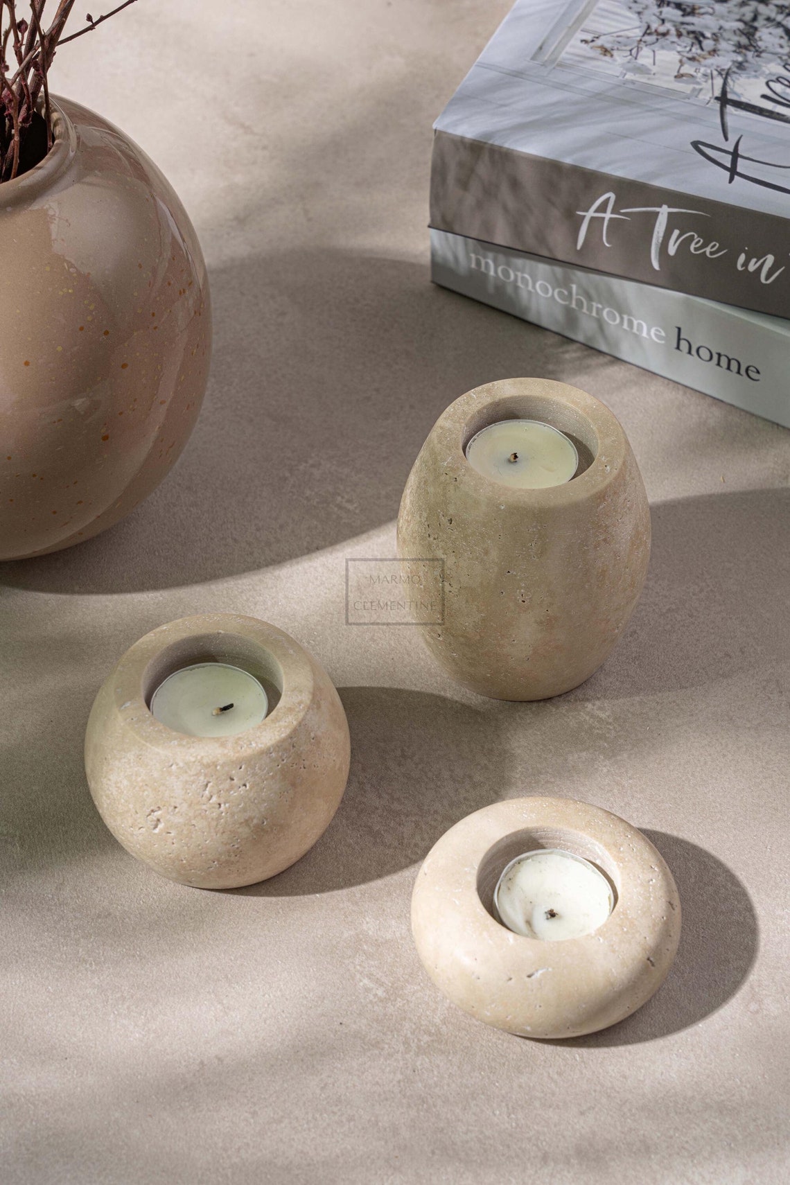 Travertine Candle Holder Set, Marble Candle Holders Set, 3 Pieces Set ...