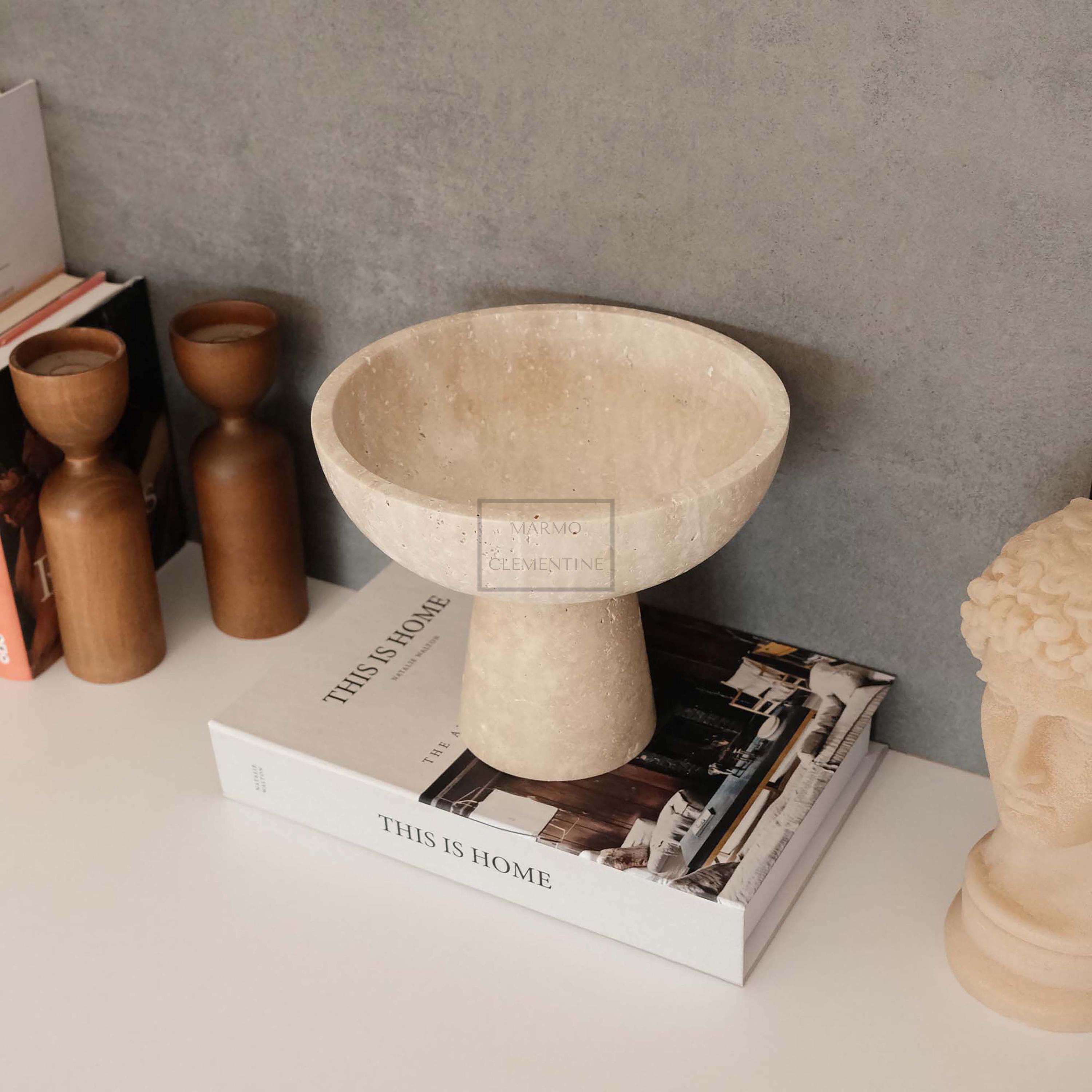 Large Marble 8 20 Cm Footed Serving Bowl, Natural Travertine, Real ...