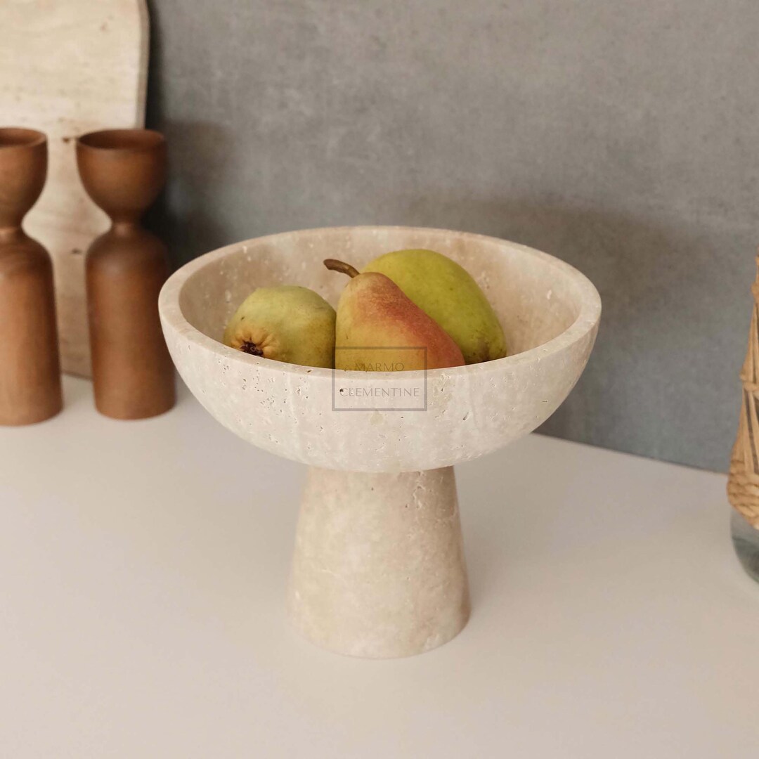 Large Marble 8" (20 Cm) Footed Serving Bowl, Natural Travertine, Real ...