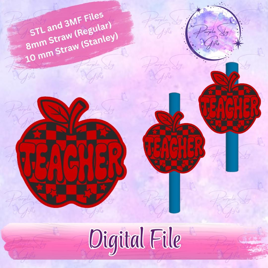 Checkered Print Teacher Apple STL and 3MF DIGITAL FILES for Straw ...