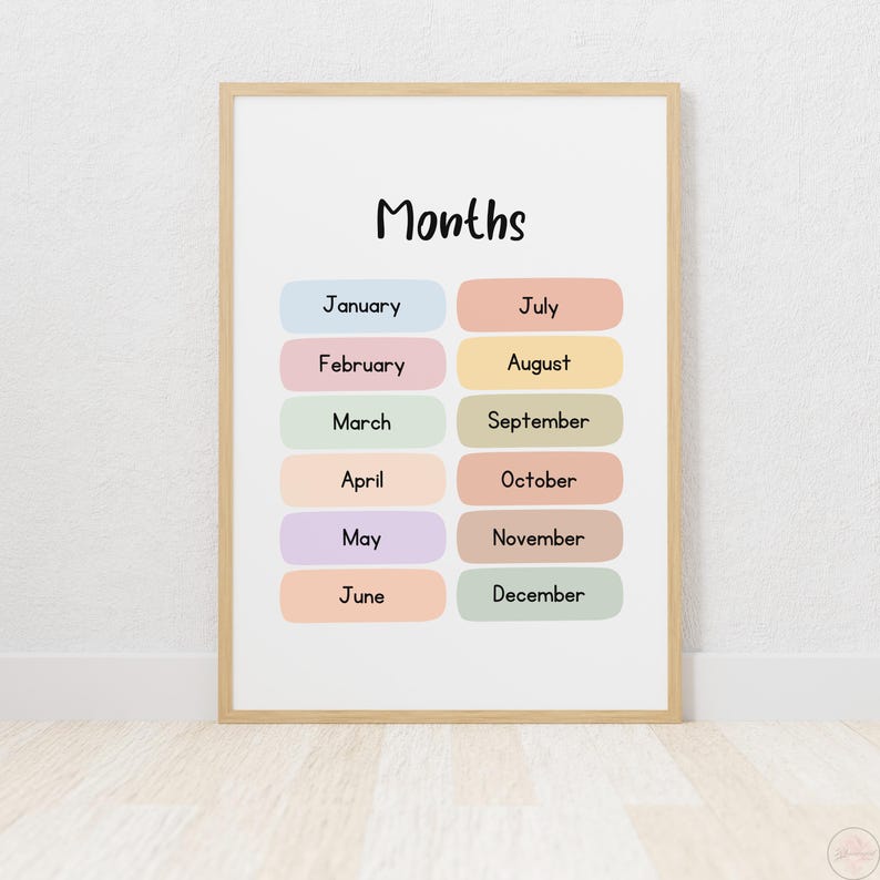 Months of the Year Boho Educational Poster Pastel Rainbow Homeschool ...