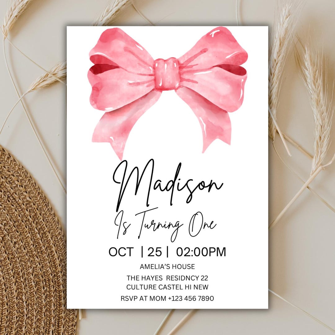 Editable Pink Bow First Birthday Template Printable, Pink Coquette Bow ...