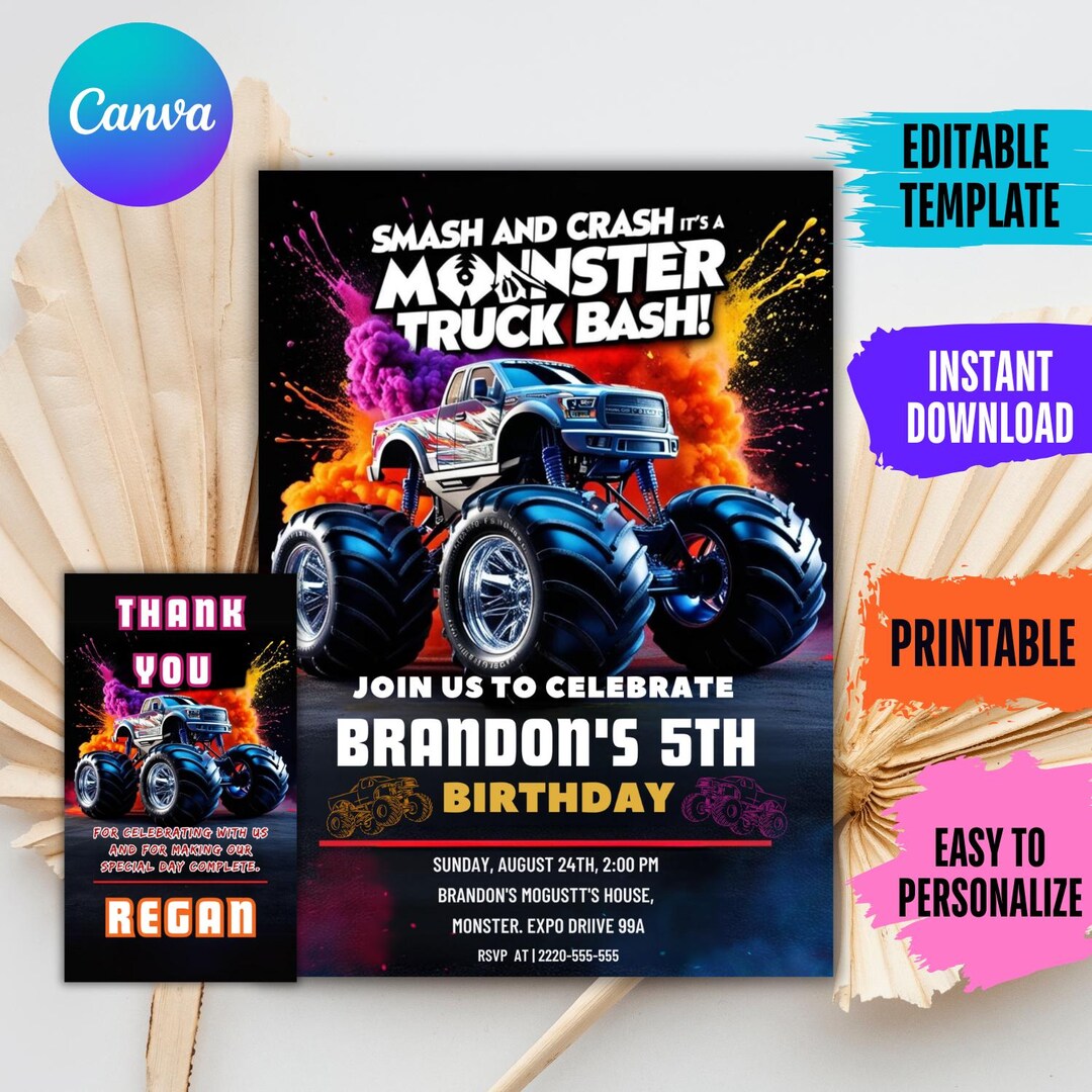 Monster Truck Birthday Invitation, Boom Crash It's A Monster Truck Bash ...