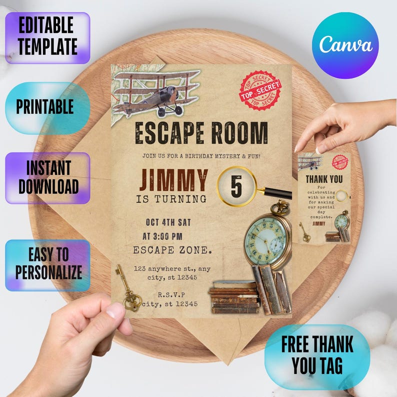 Editable Escape Room Birthday Invitation: Detective Game Night (digital ...