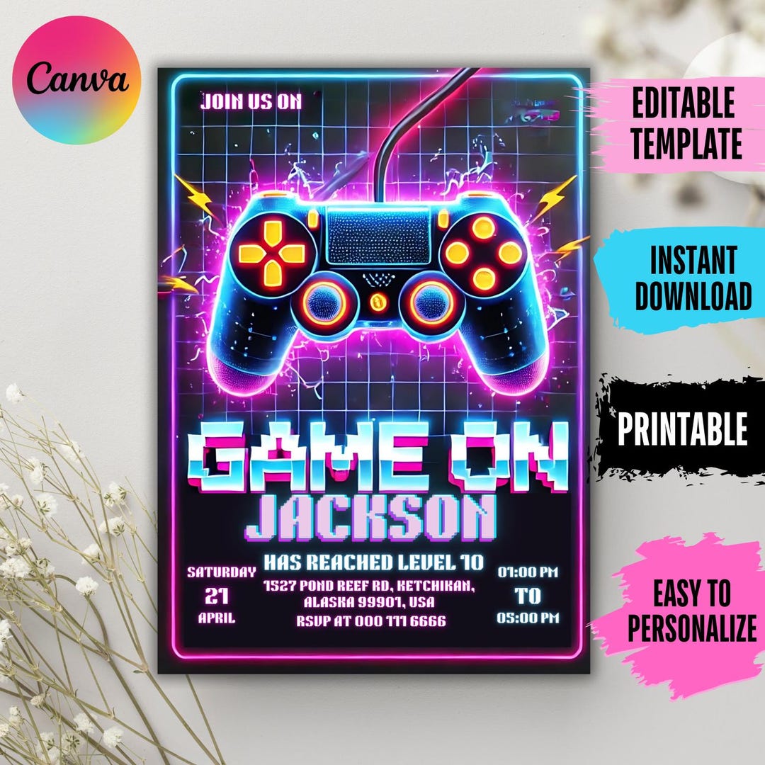 Editable Video Game Birthday Invitation, Printable Neon Glow Boy Gamer ...