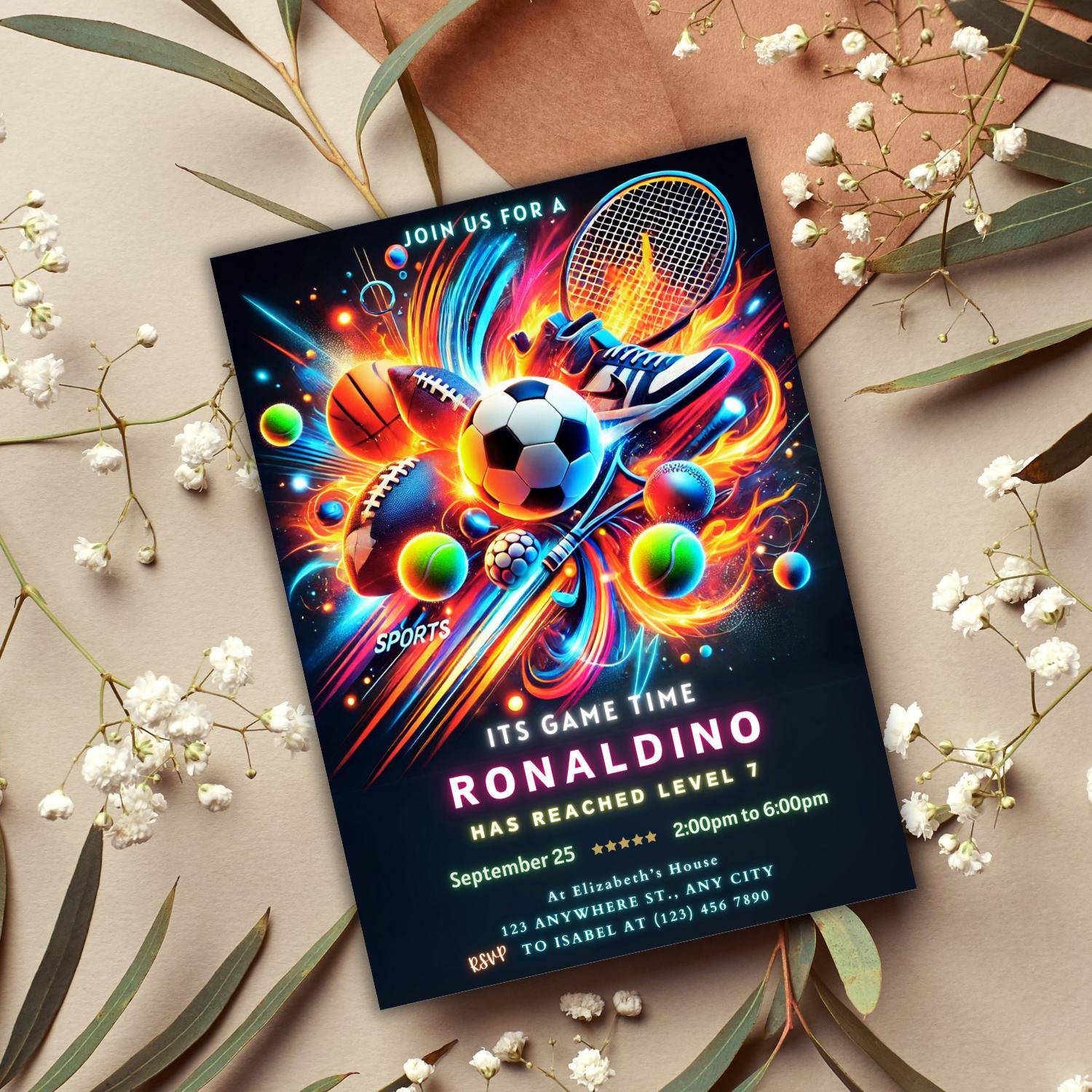 Editable Sports Invitation, Neon Sports Invites, Sports Flyer, Sport ...