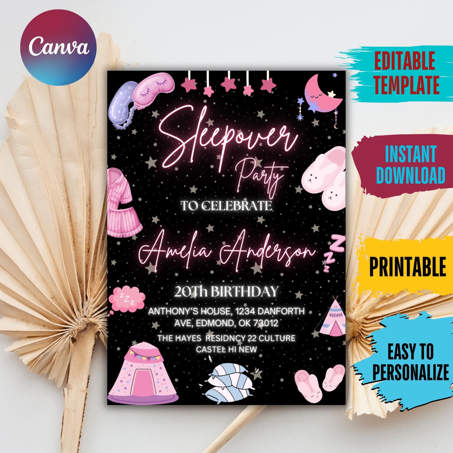 Sleepover Birthday Minimalist Invitation Set Slumber Party Invite Girl ...