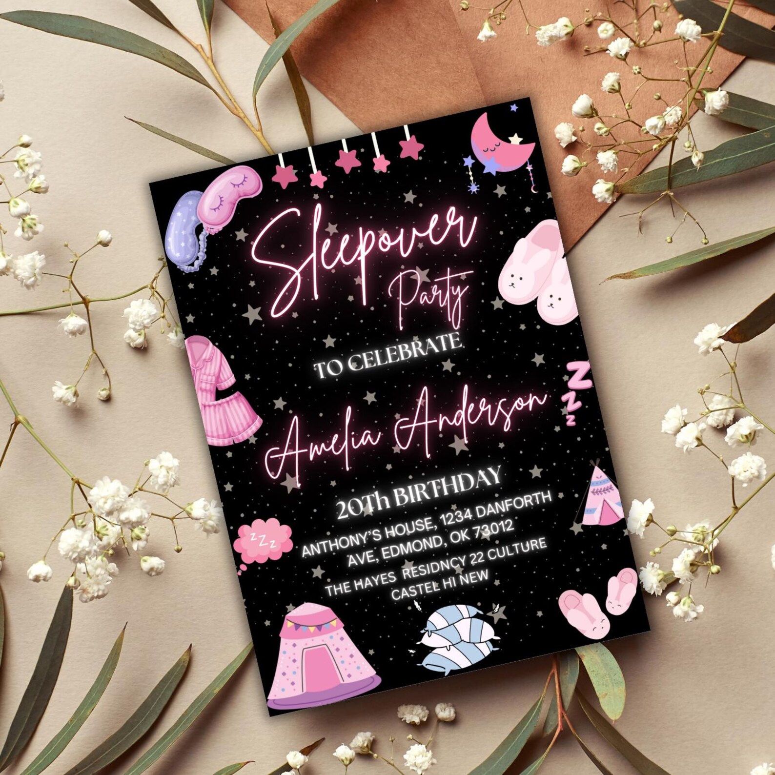Sleepover Birthday Minimalist Invitation Set Slumber Party Invite Girl ...