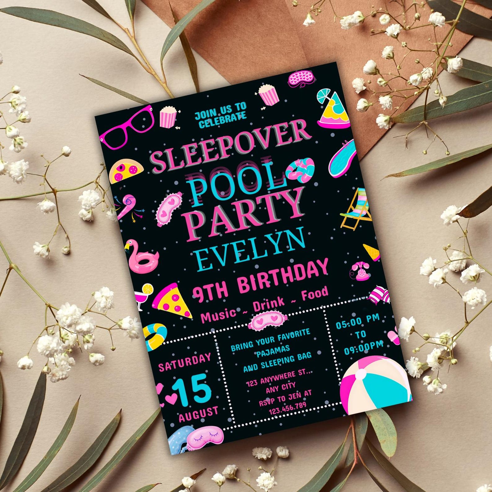 Slumber Pool Party Birthday Invitation Sleepover Swim Birthday Invite ...