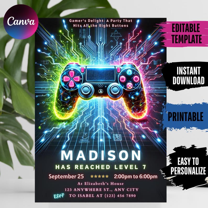Editable Video Game Birthday Invitation, Printable Neon Glow Boy Gamer ...