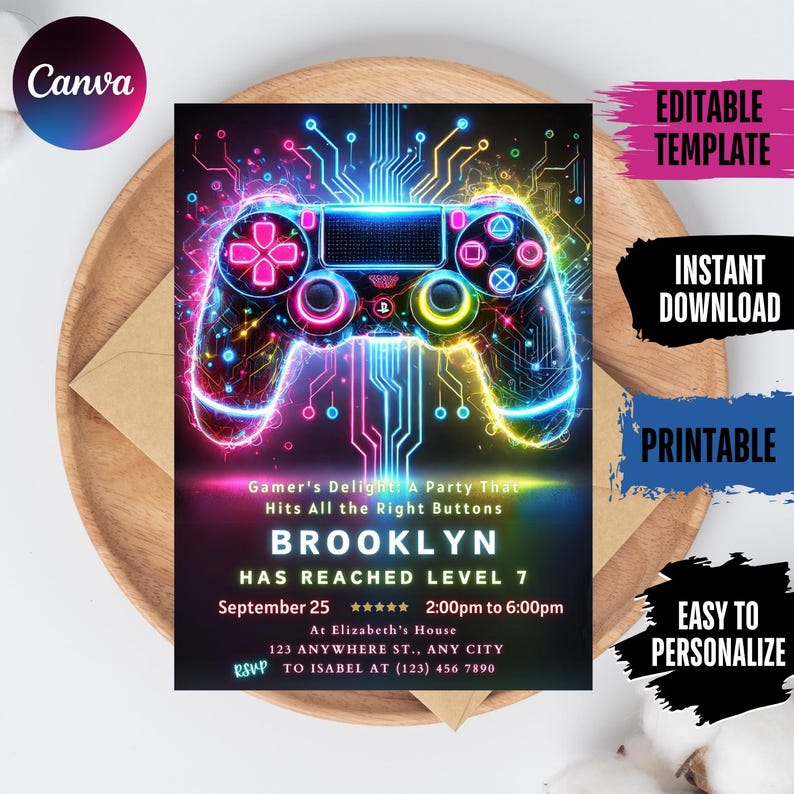 Video Game on Birthday Invitation | Glow Game Party Template - Etsy