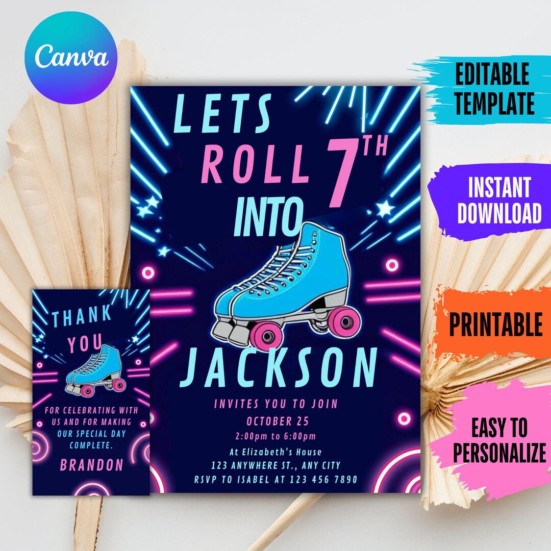 Editable Roller Skating Invitation Glow Party Birthday Invite, Glow ...