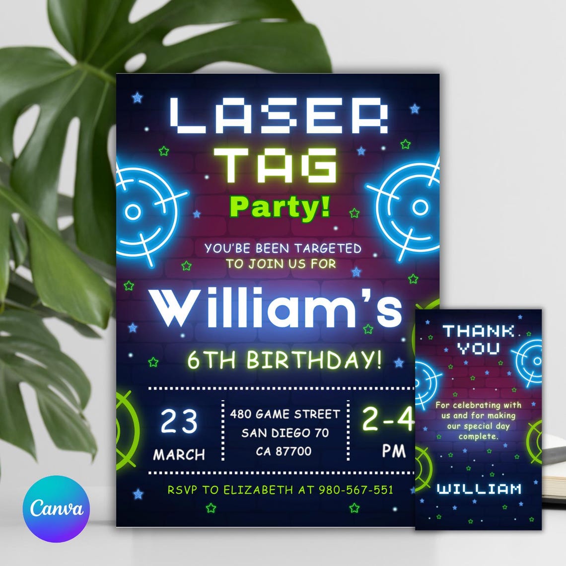 Neon Laser Tag Birthday Invitation Template: Green & Blue Glow (digital ...