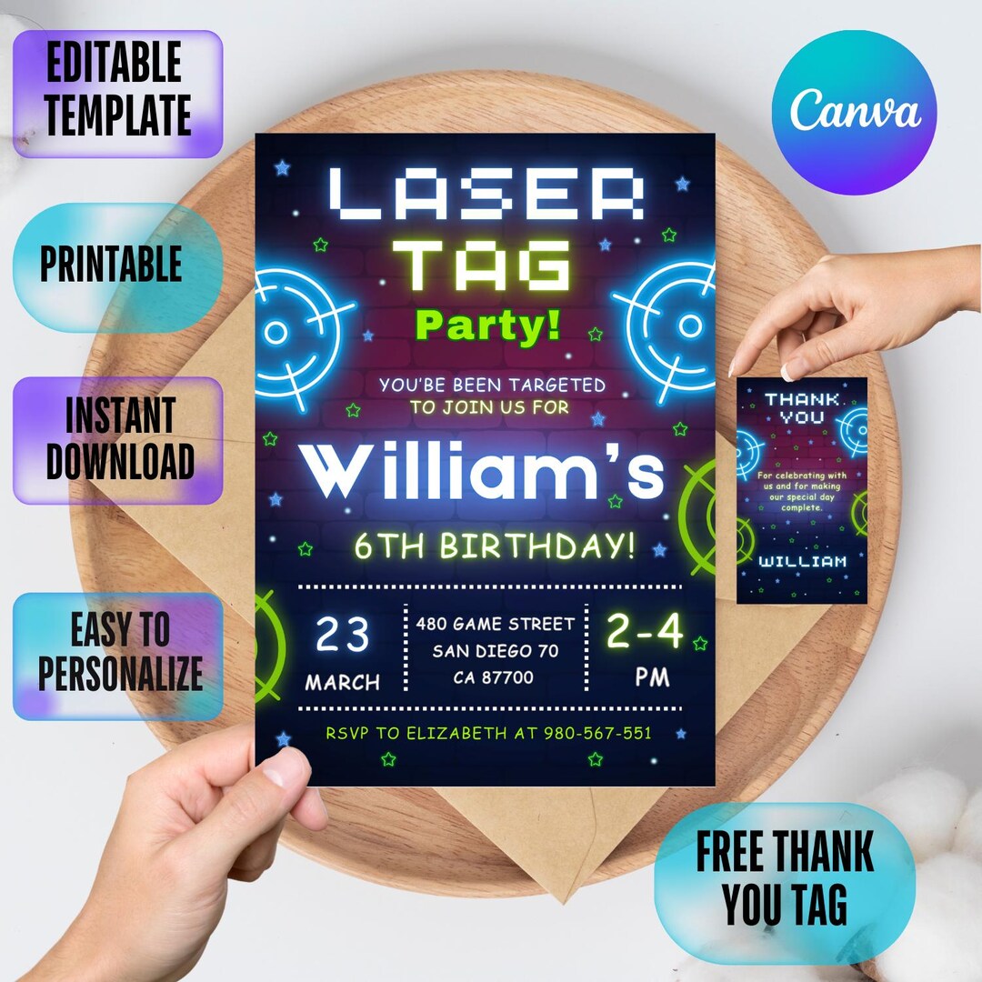 Laser Tag Birthday Invitation Template, Laser Tag Invitation, Neon Glow ...