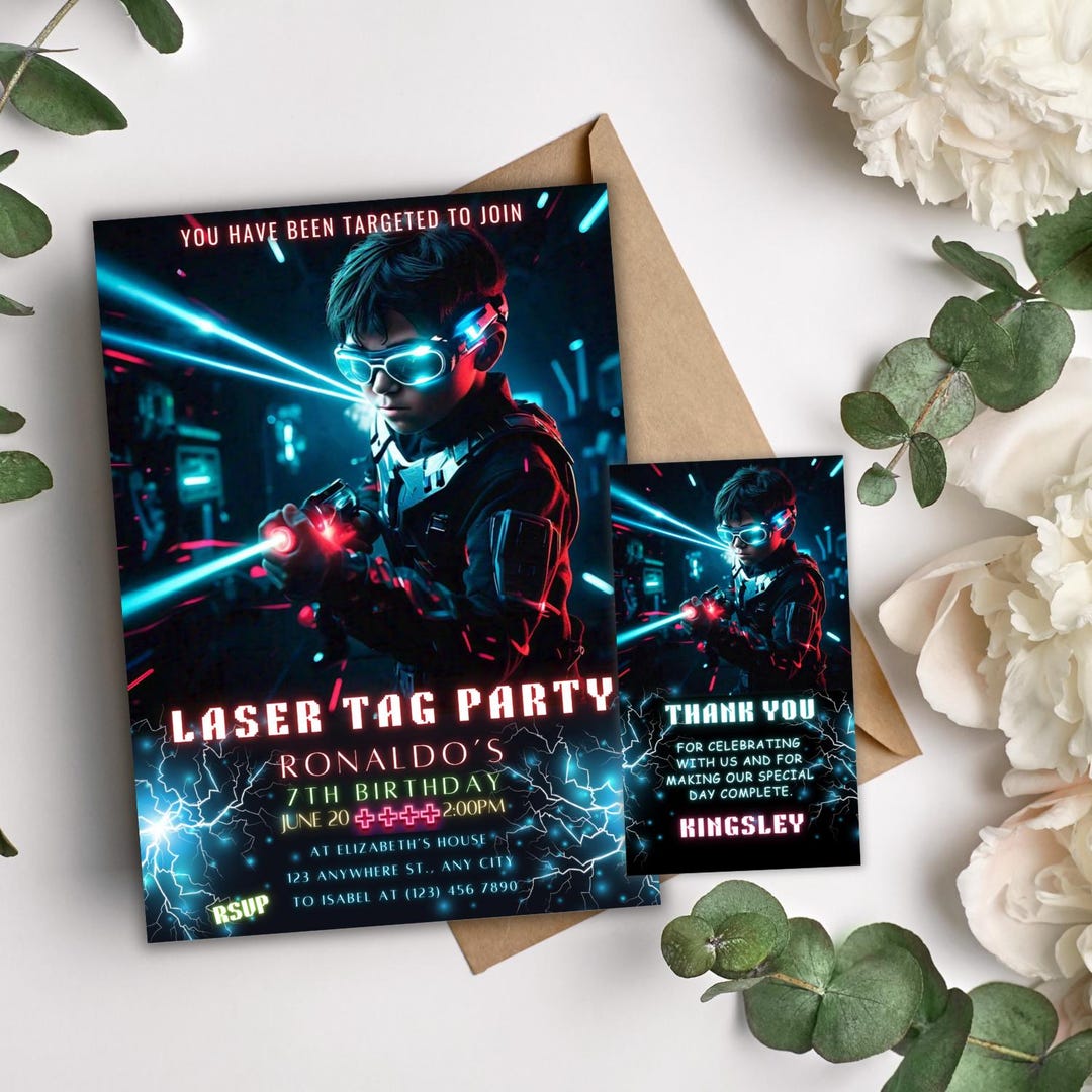 Laser Birthday Invitation, Laser Tag Party Invite Template, Neon Red ...