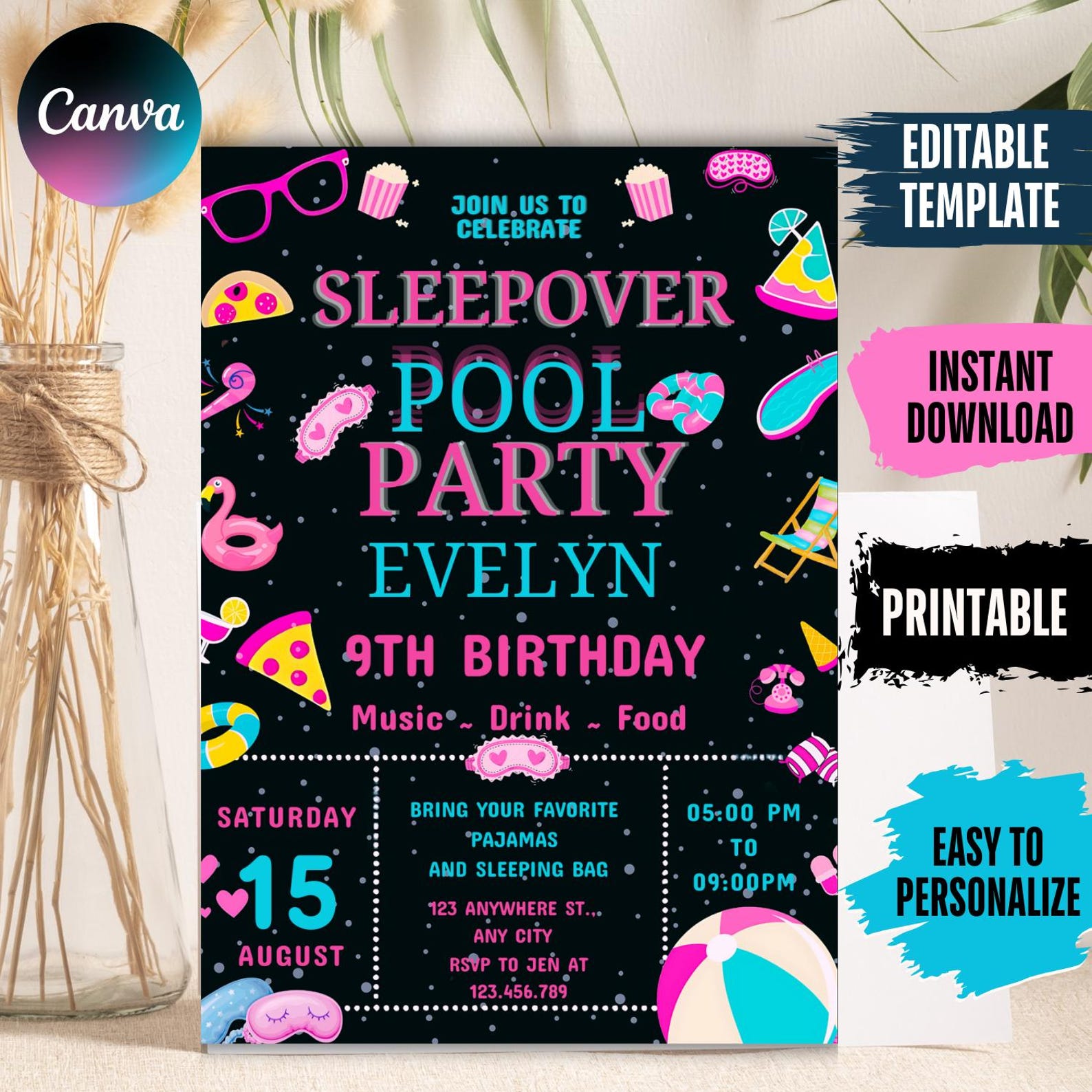 Slumber Pool Party Birthday Invitation Sleepover Swim Birthday Invite ...