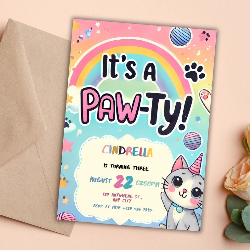 Editable Kitty Cat Birthday Invitation Perfect Party Invite Template ...