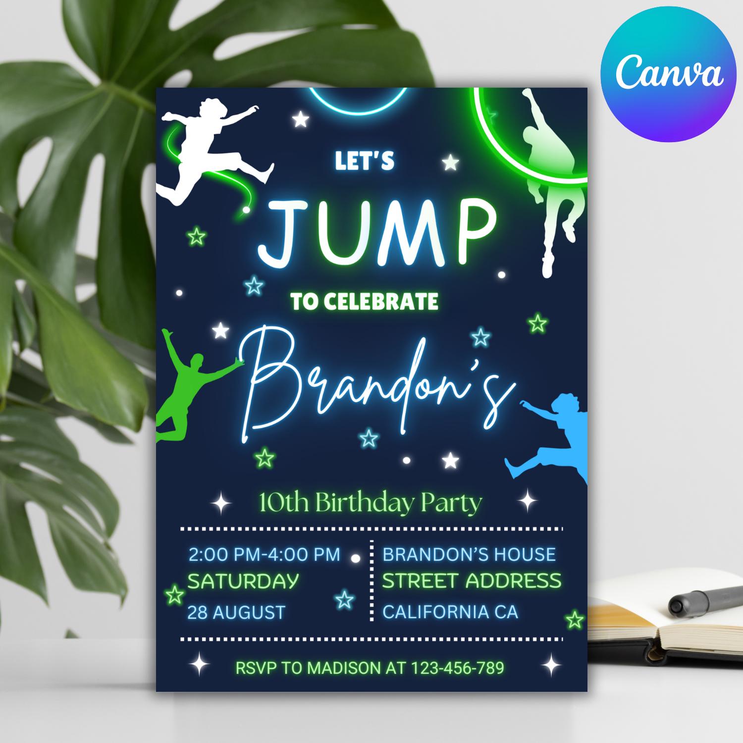 Jump Birthday Invitation, Editable Jump Party Invitation Boy, Bounce ...