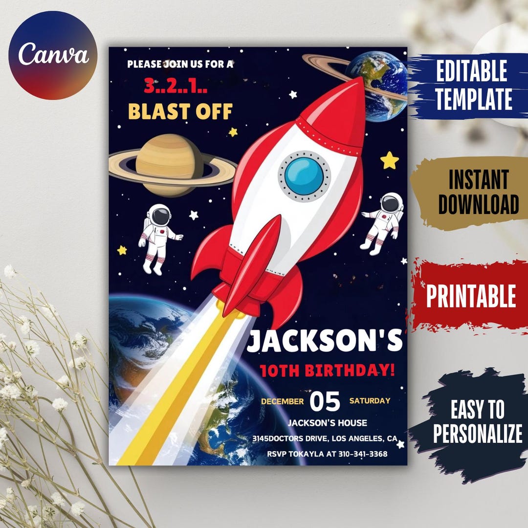 Editable Outer Space Birthday Invitation Template, Planets Rocket Ship ...