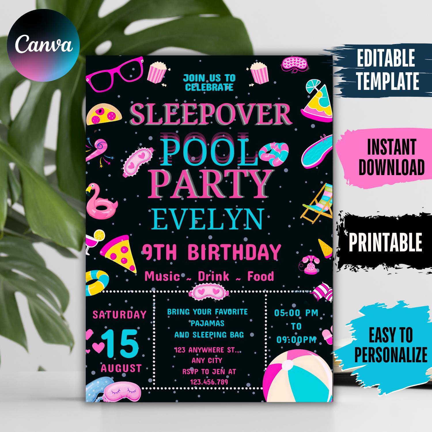 Slumber Pool Party Birthday Invitation Sleepover Swim Birthday Invite ...