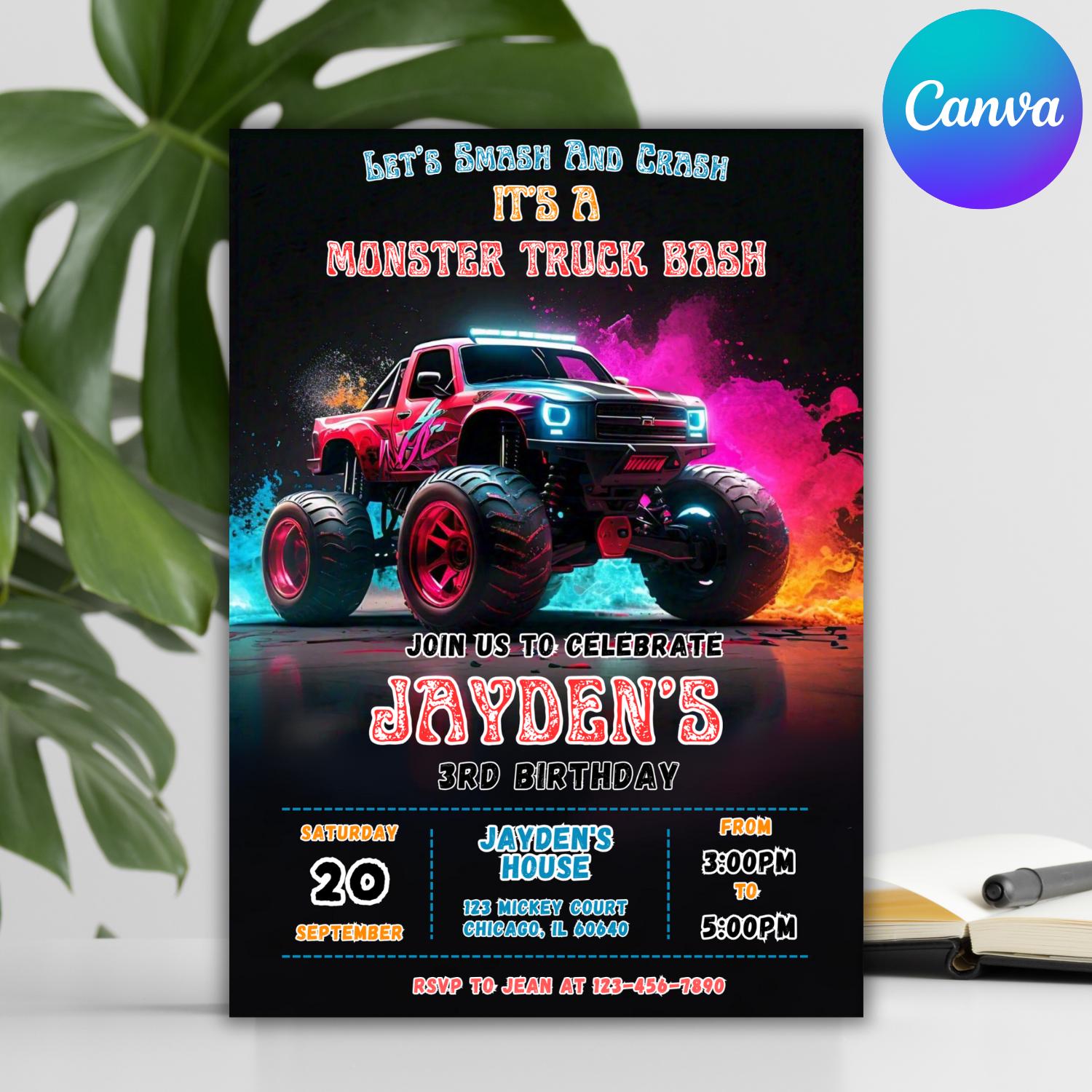Editable Monster Invite, Monster Jam Party Invite, Monster Jam ...