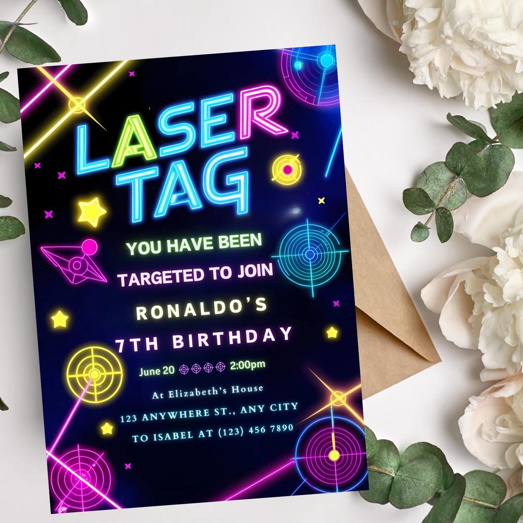 Laser Tag Birthday Invitation Template, Laser Tag Invitation, Neon Glow ...