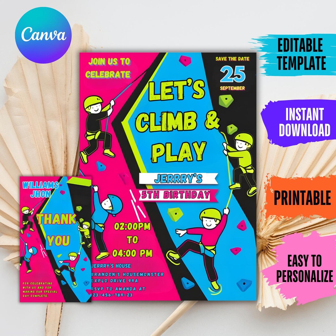 Editable Rock Climbing Birthday Invite, Indoor Climbing Party Evite ...