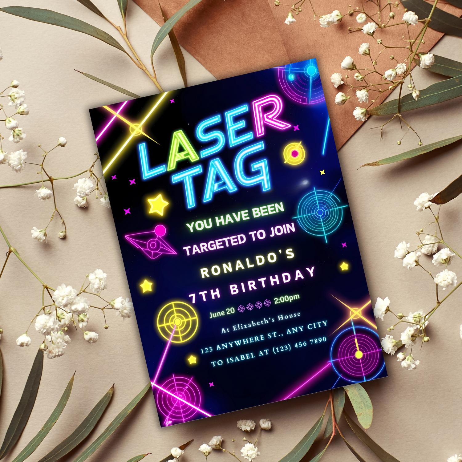 Laser Tag Birthday Invitation Template: Neon Glow, Editable Canva ...