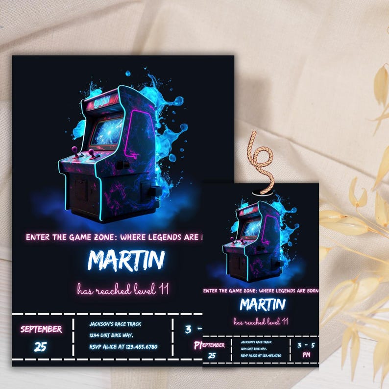 Editable Arcade Birthday Party Invitation Minimalist Neon Boy Game ...