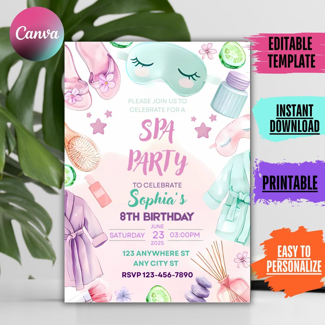 Spa Birthday Invitation Template: Preppy Patch Letters (DIY Editable ...