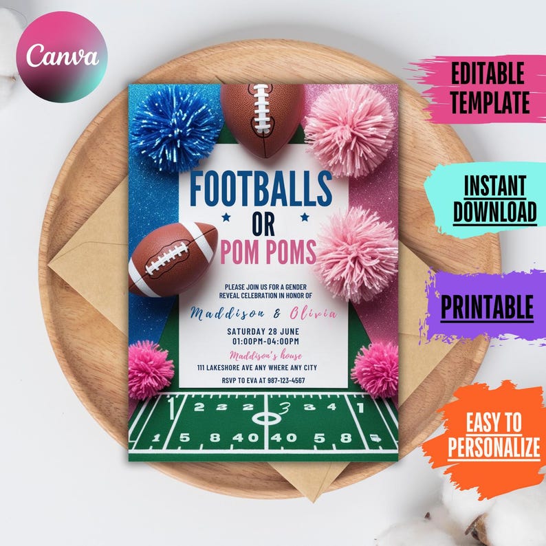 Touchdowns or Pom Poms Gender Reveal Welcome Sign: Printable Football ...