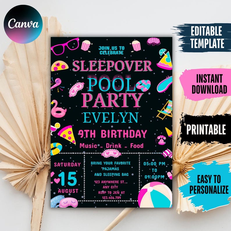 Slumber Pool Party Invitation: Pink Tween Birthday (digital Printable ...